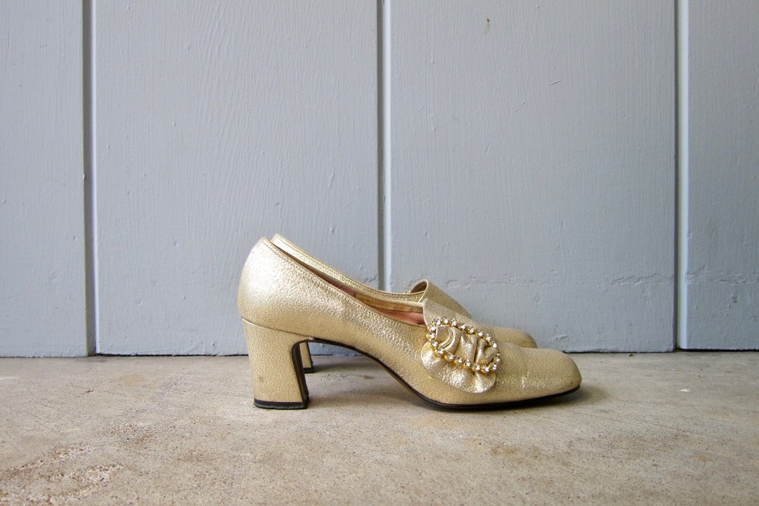 60s Metallic Gold Dress up Shoes | Vintage PARIMODE Holiday Slip Ons ...
