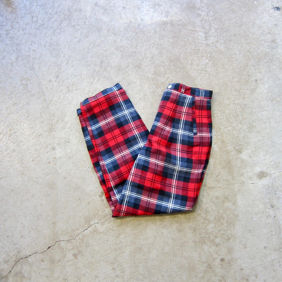 80s Plaid Wool Pants Red Black White Tartan Plaid Slacks Preppy High ...