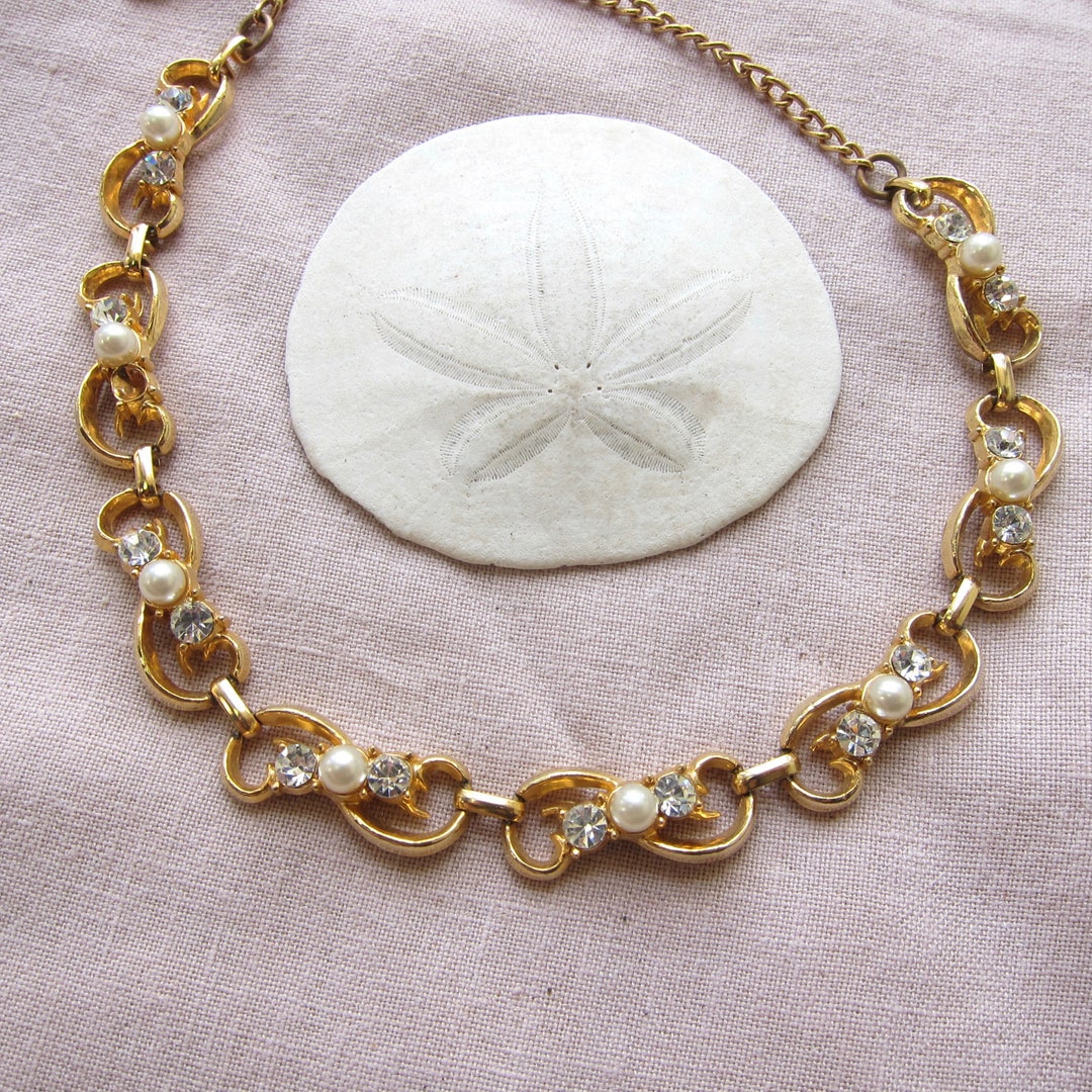 80s Gold Chain Necklace With Rhinestone | Vintage Gold & Pearl Choker ...