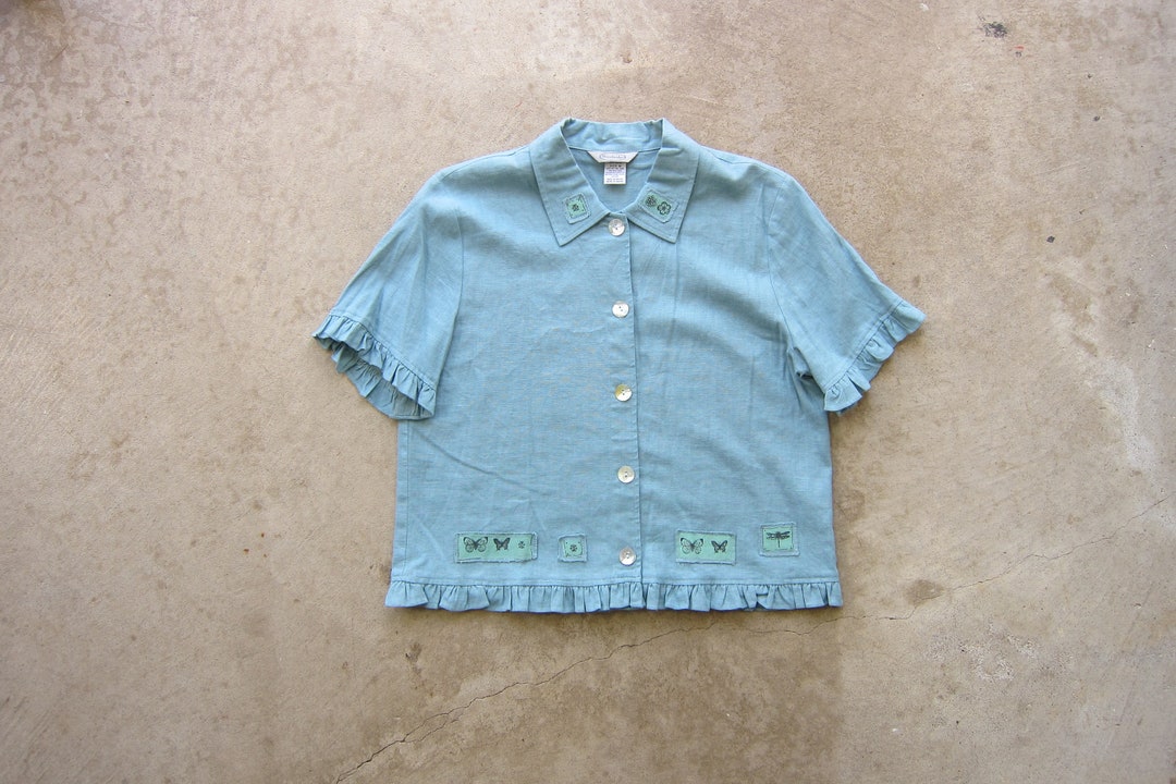 90s Blue Linen Rayon Shirt | Shell Button up Tee Shirt With Butterflies ...