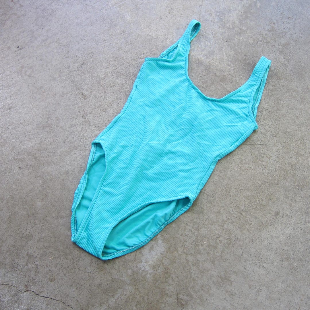 80s Aqua Blue Ribbed One-piece Swimsuit – Backless Retro 1980s Bathing ...