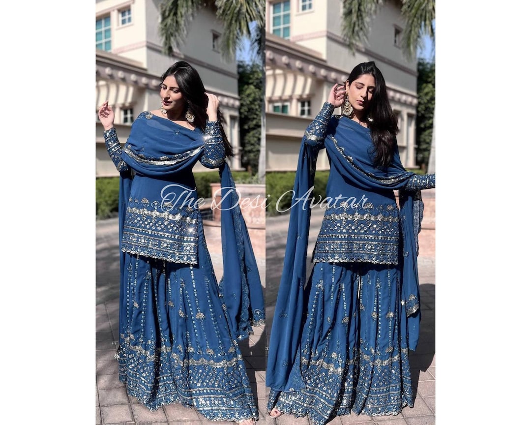 Blue Sharara Suit for Women With Embroidery Work ,indian Wedding ...