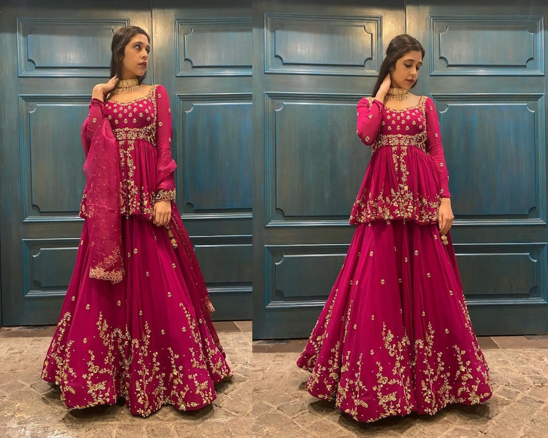 Magenta Pink Lehenga With Long Blouse, Indian Pakistani Wedding Mehendi ...