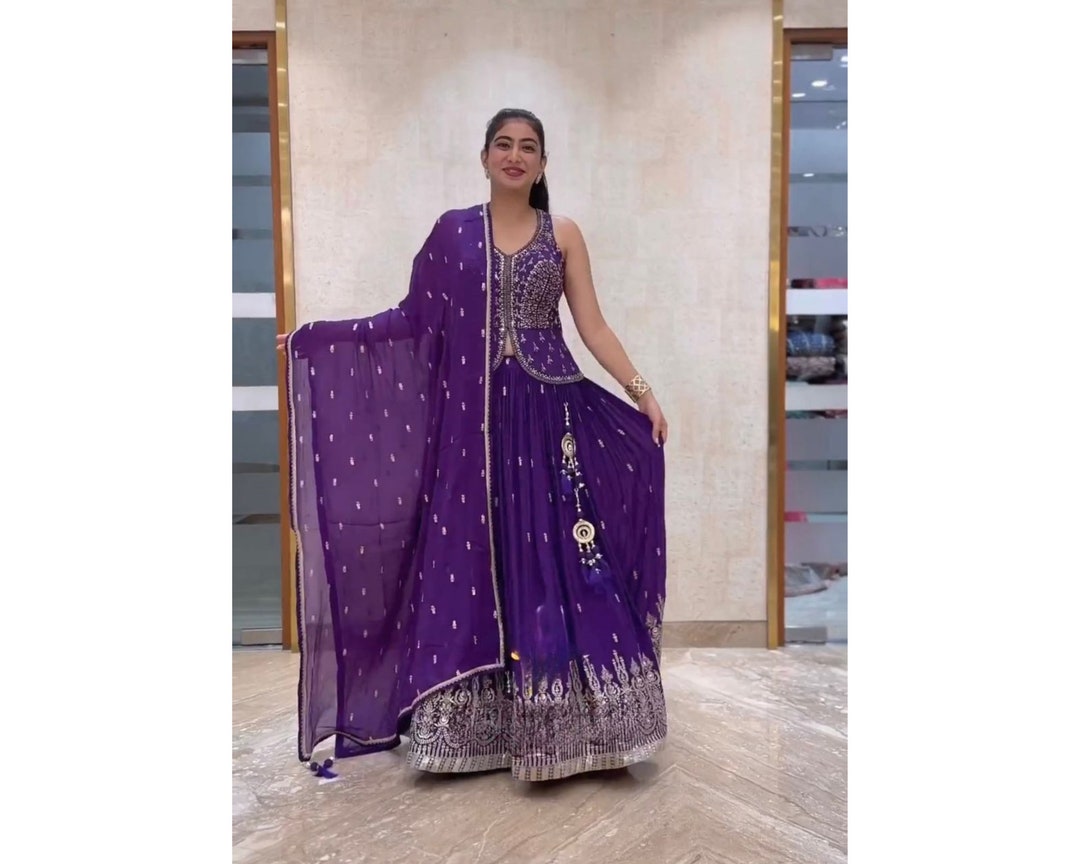 Purple Lehenga With Long Blouse, Indian Wedding Wear, Ghagra Choli ...