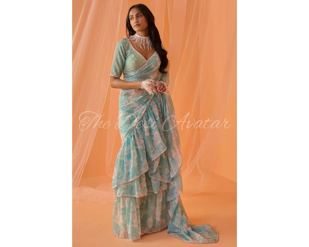 Floral Ruffle Saree Indian Saree Indian Wedding Mehendi Sangeet Party ...