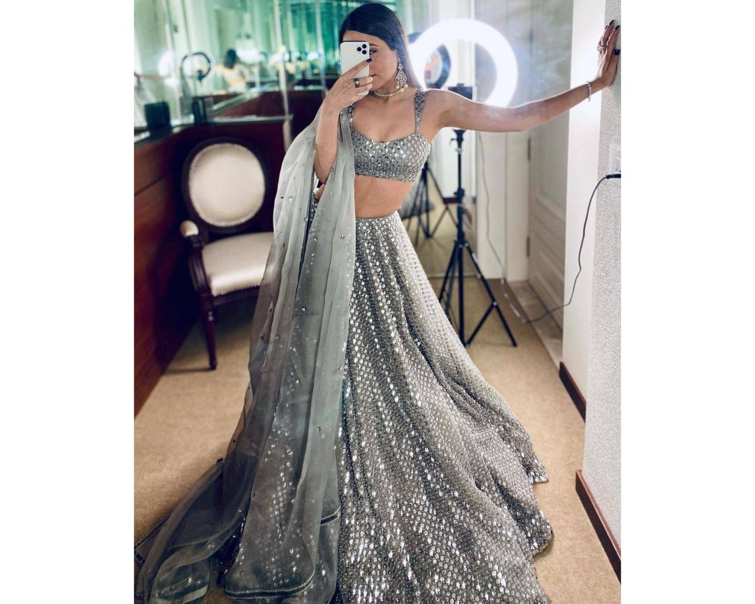 Silver Designer Lehenga Choli for Women, Sequins Work Lehenga, Indian Wedding Reception Cocktail ...