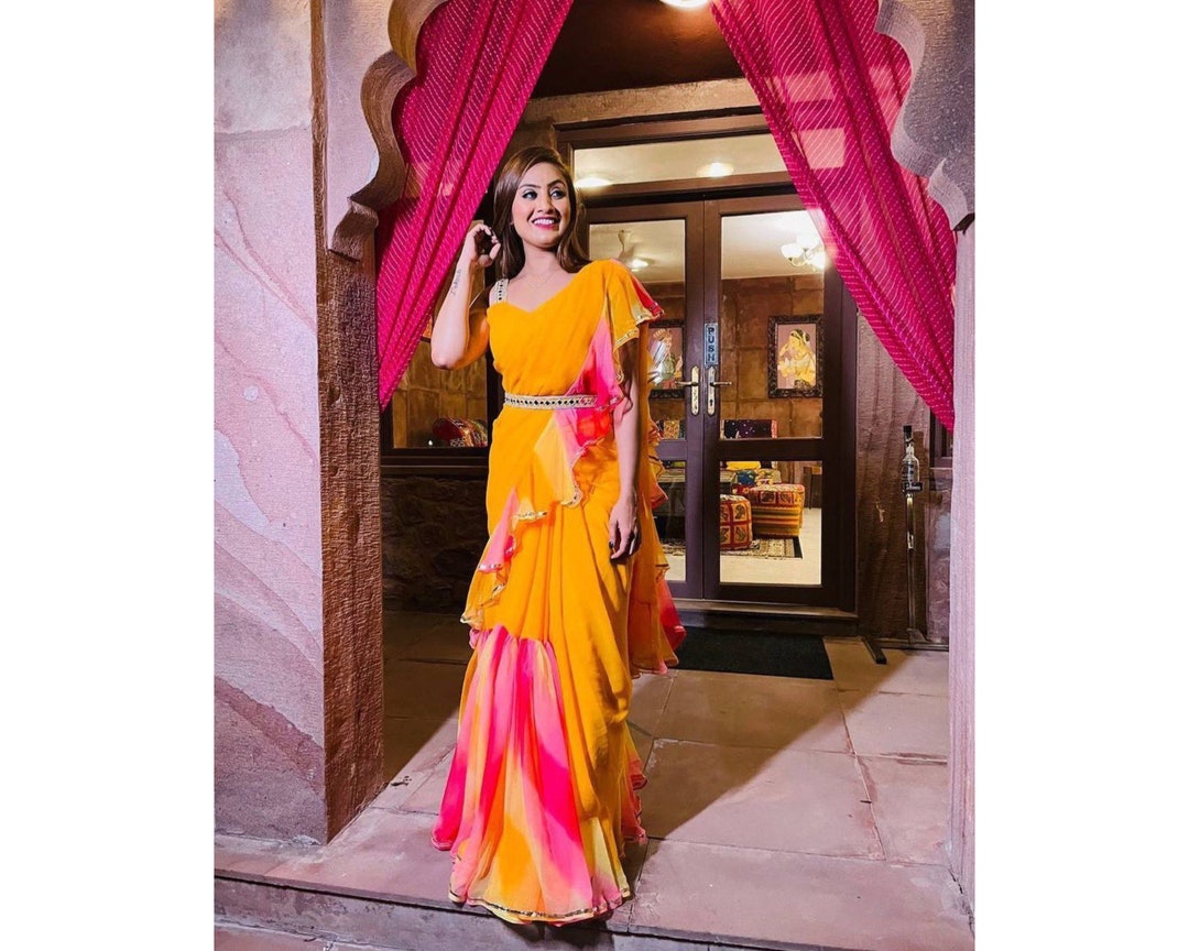 Yellow Pink Ruffles Saree With Belt Indowestern Saree Indian - Etsy UK