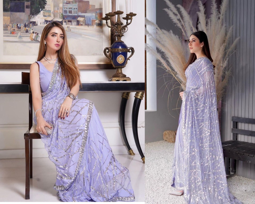 Lavender Sequins Party Wear Saree for Women, Indian Wedding Reception ...