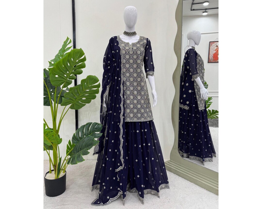 Black Sharara Suit With Embroidery for Women, Indian Wedding Mehendi ...