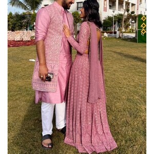 Indian Couples Outfit Combo, Chikankari Designer Lehenga Choli With Men ...