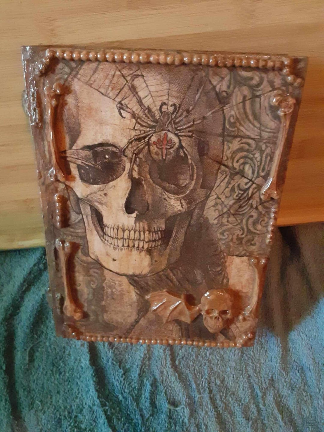 Wooden Book Shaped Box With Skull, Spider and Raven Design - Etsy