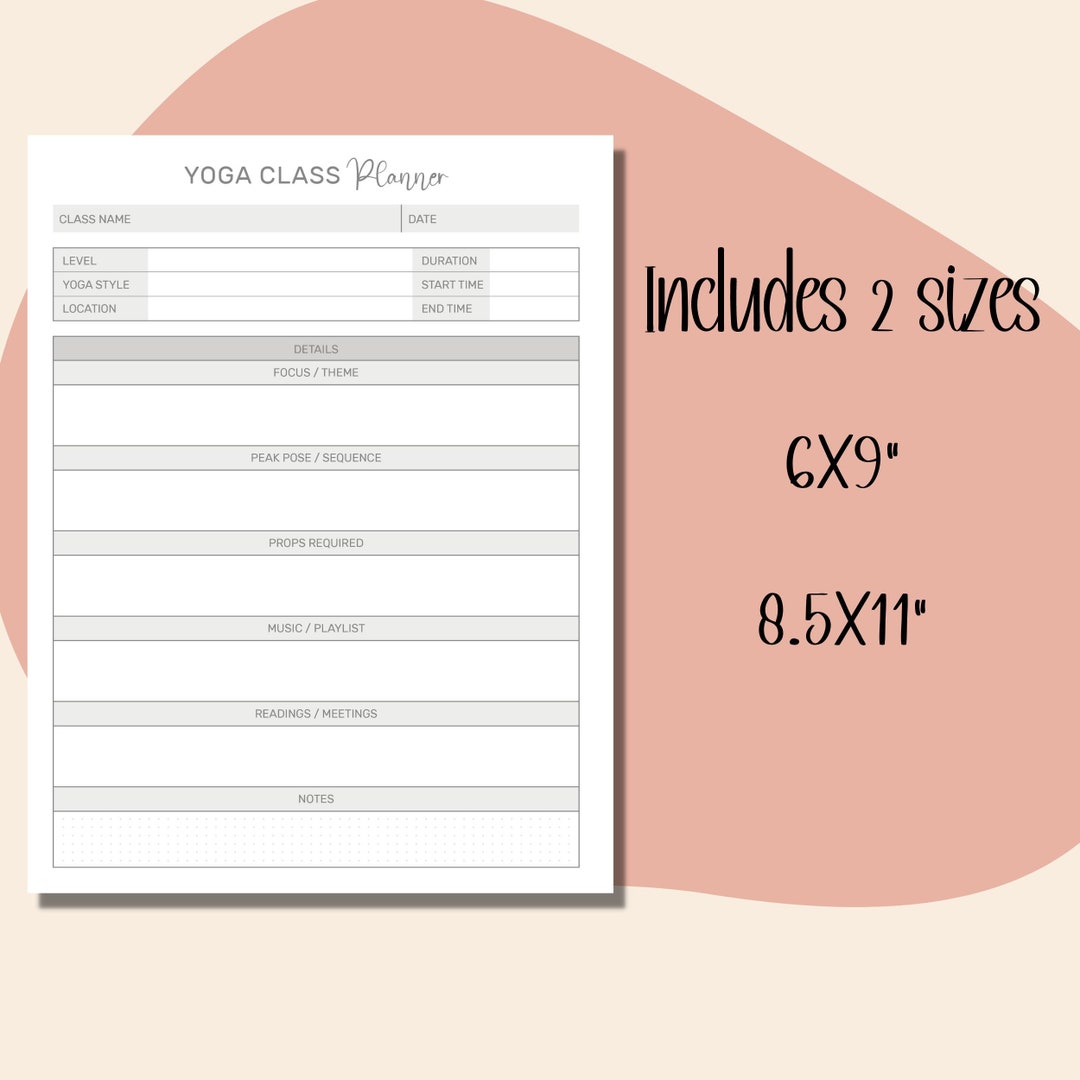 Printable Yoga Class Planner Journal Log -includes 6x9 & 8.5x11" - Instant Download, Worksheet ...