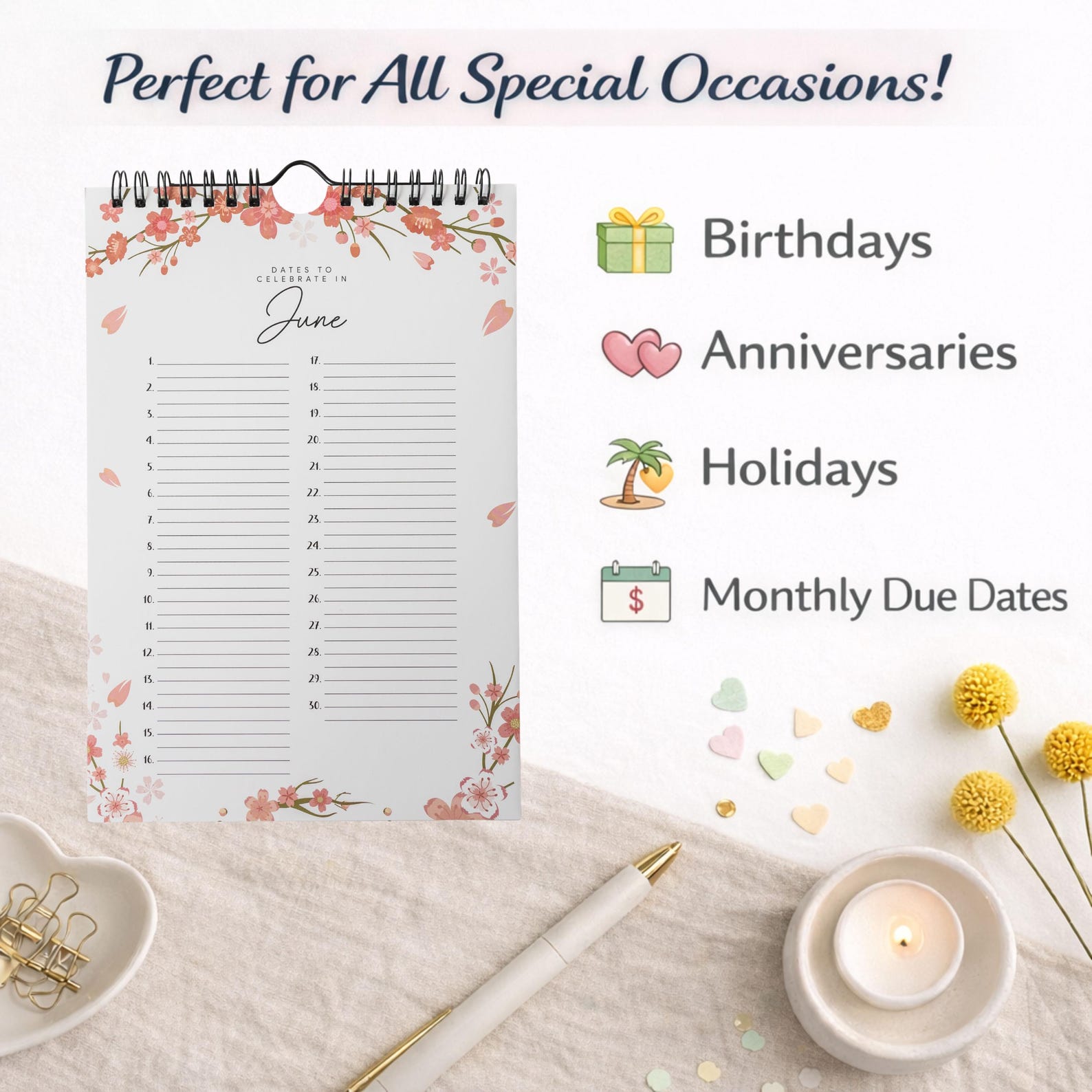 Perpetual Floral Wall Calendar for Birthdays & Anniversaries -12 Months ...
