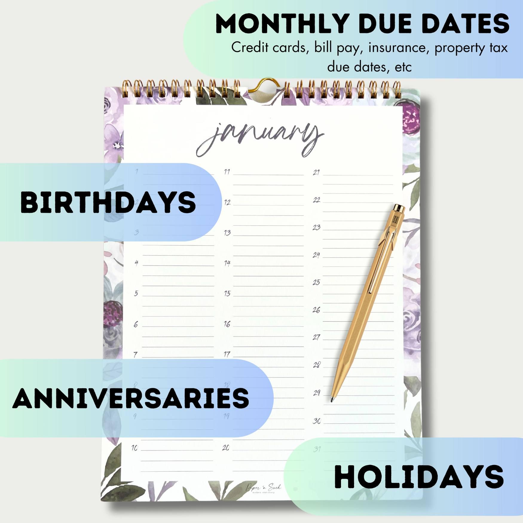 XL- Large Perpetual Floral Wall Calendar for Birthdays and ...