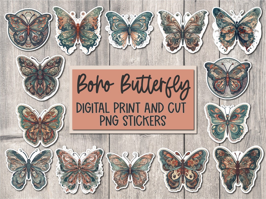 Boho Butterfly PNG Bundle | Printable Stickers | Digital Butterfly ...