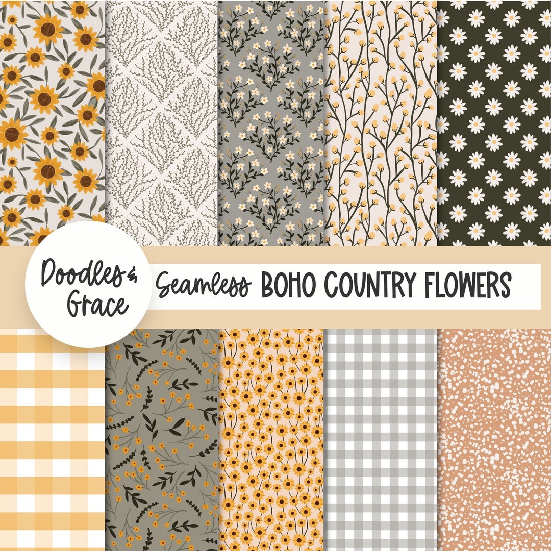 Boho Floral Digital Papers | Hand Drawn Doodle Flowers | Seamless ...