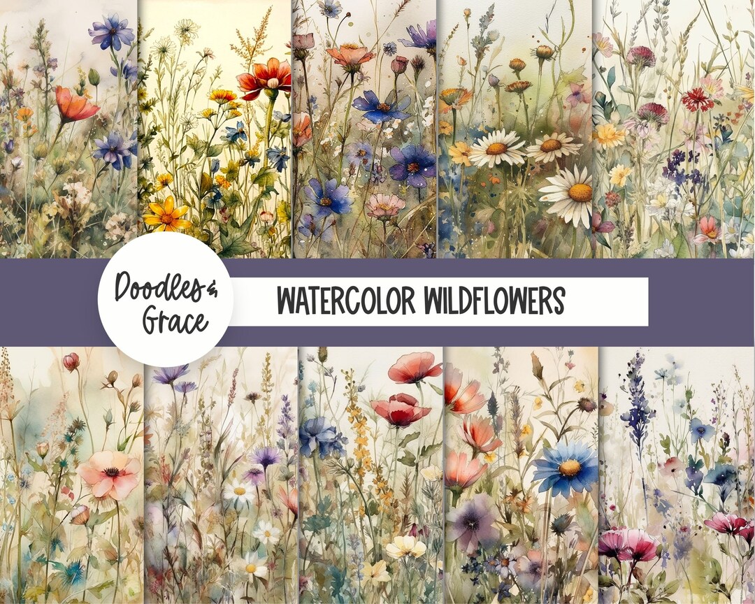 Wildflowers Watercolor Digital Paper Set | Spring Wildflowers Junk ...