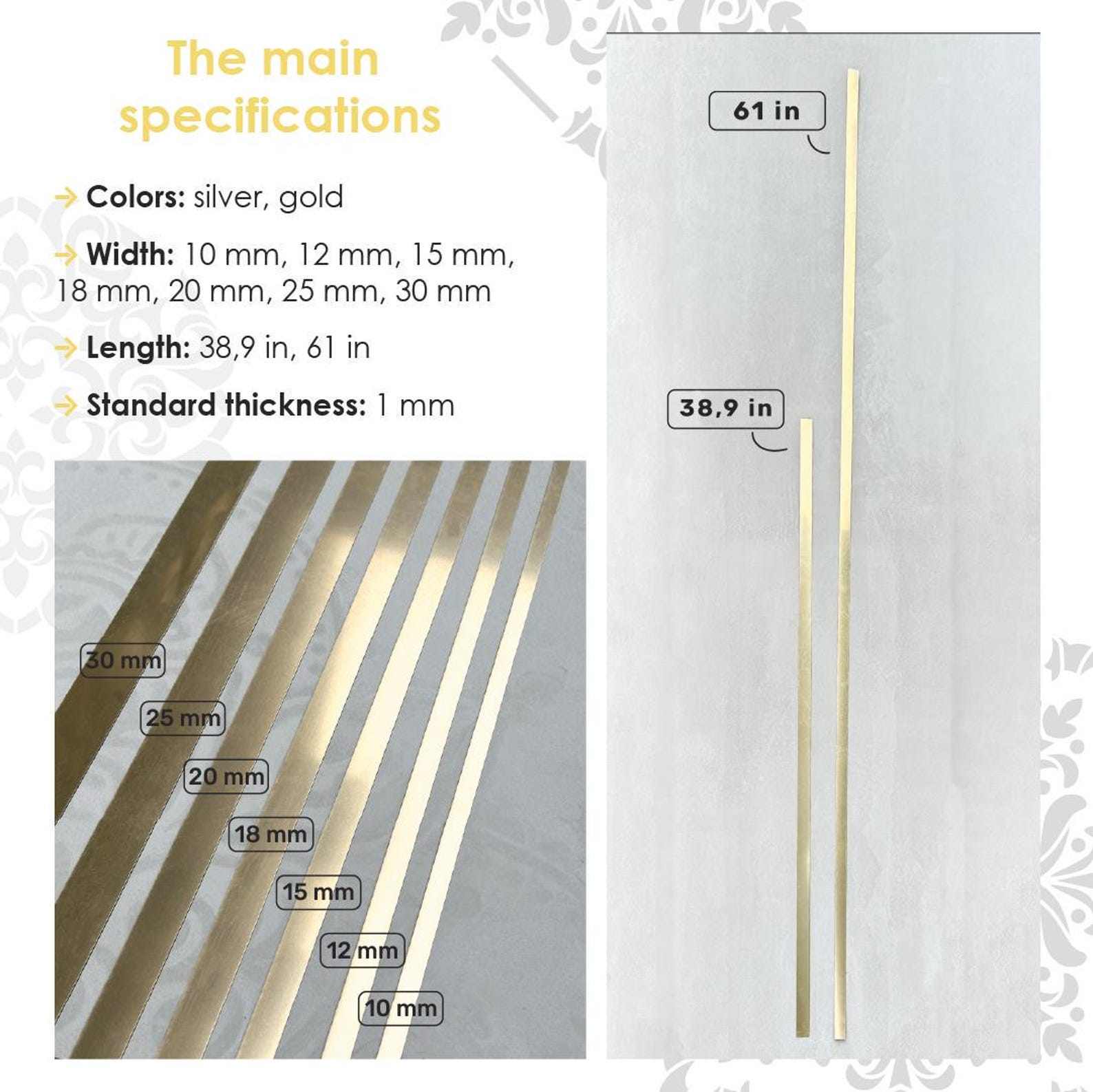 Mirror Gold Strip Wall Decor, Mirror Gold Molding, Wall Gold Stripes ...