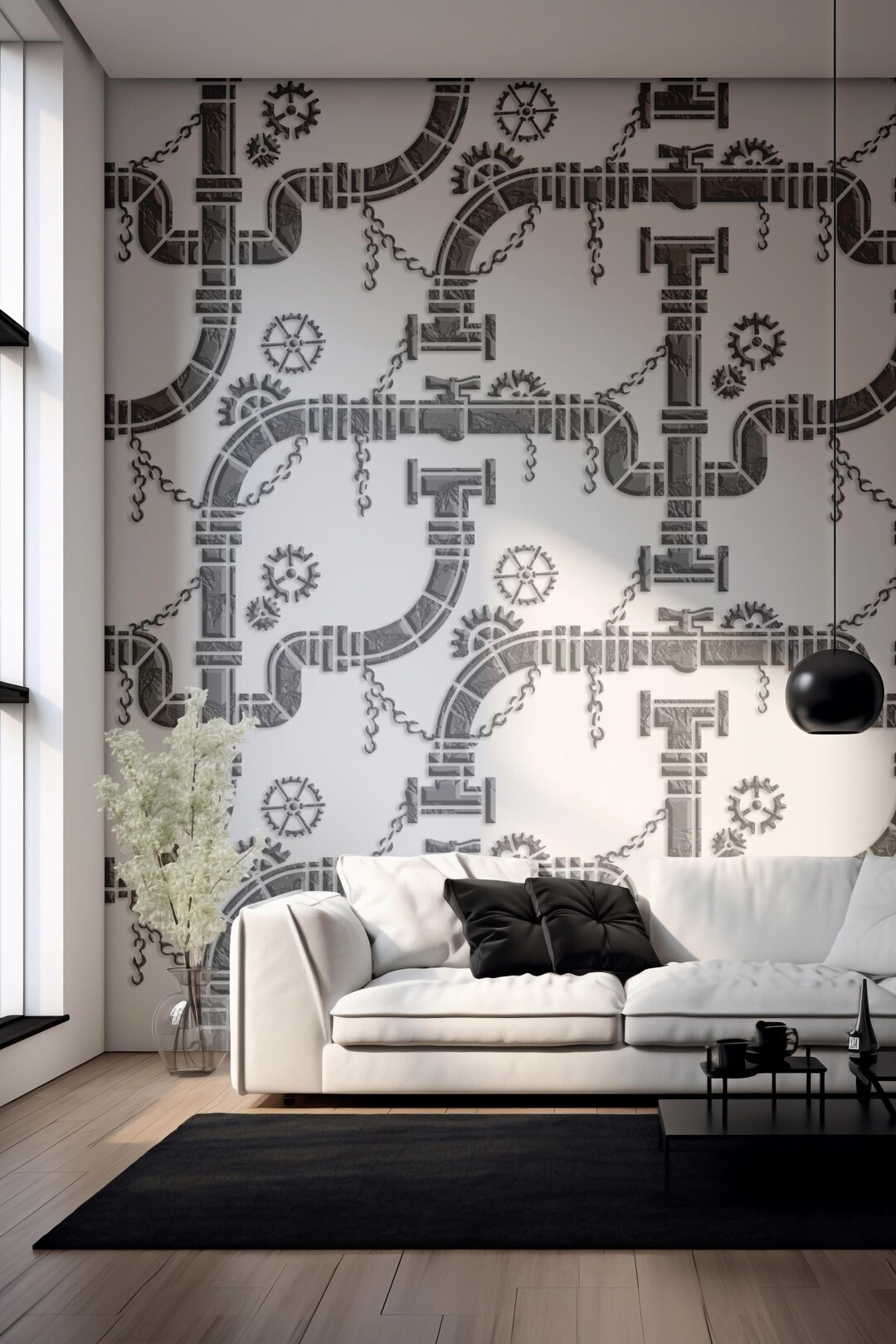 Pipes and Mechanics Wall and Floor Stencil, Steampunk Interior Stencil ...