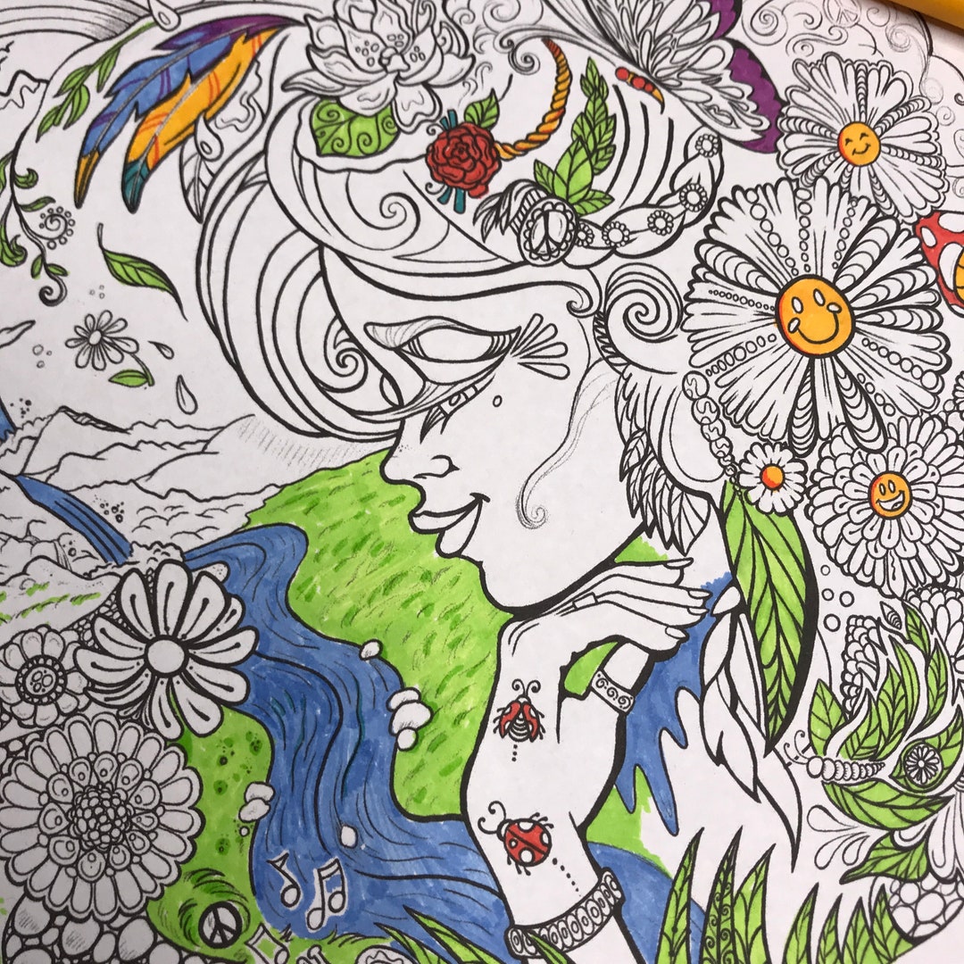 Nature Goddess Coloring Page, Magical Forest, Hippie Flowers (digital ...