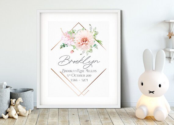 Pink Floral Personalised Birth Print Baby Girl Birth Stats | Etsy
