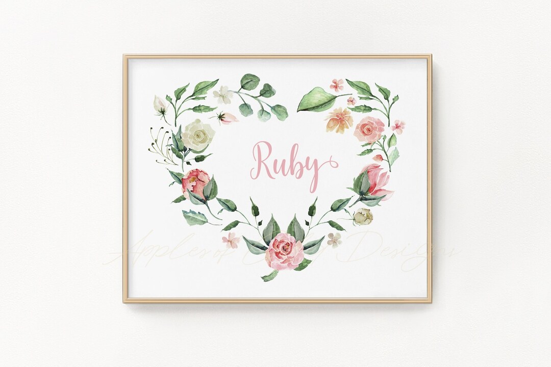 Floral Heart Name Sign: Watercolor Rose Nursery Art (digital Download ...