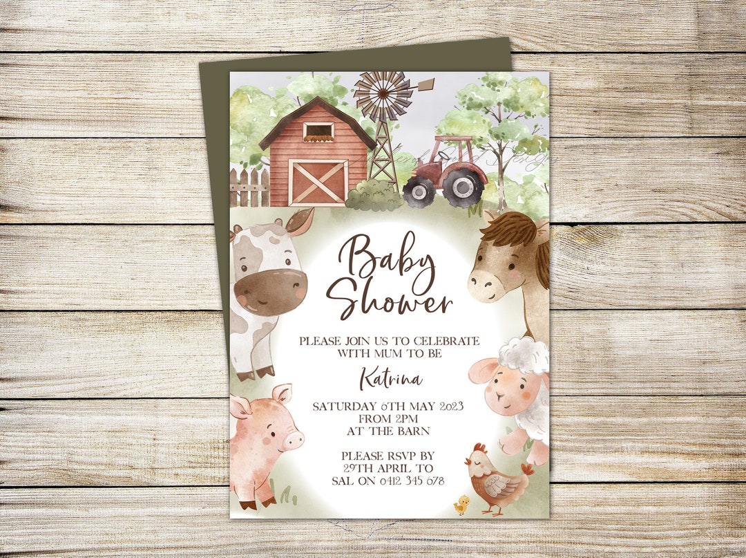 Farm Animals Baby Shower Invitation - Country Ranch Theme Party Invite ...