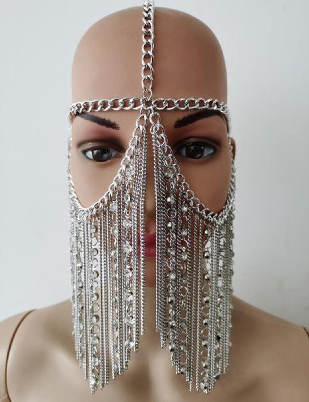 Rhinestone Face Chain Mask, Silver Chain Mask, Burning Man Mask ...
