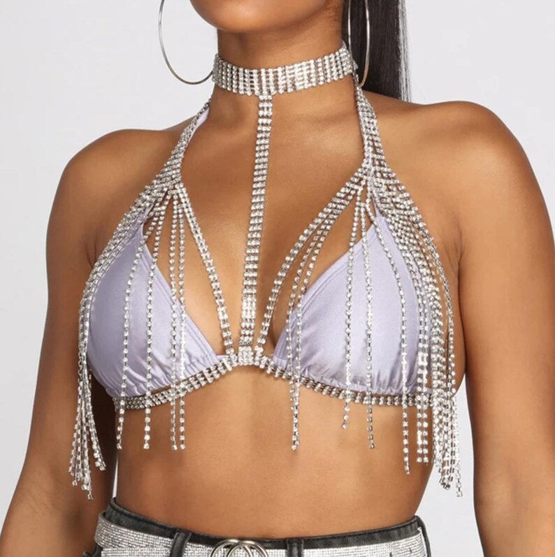 Rhinestone Tassel Body Chain Sexy Bikini Chest Chain Etsy