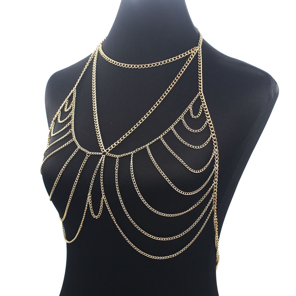 Gold Sexy Chest Body Chain Body Jewelry Layered Necklace Etsy