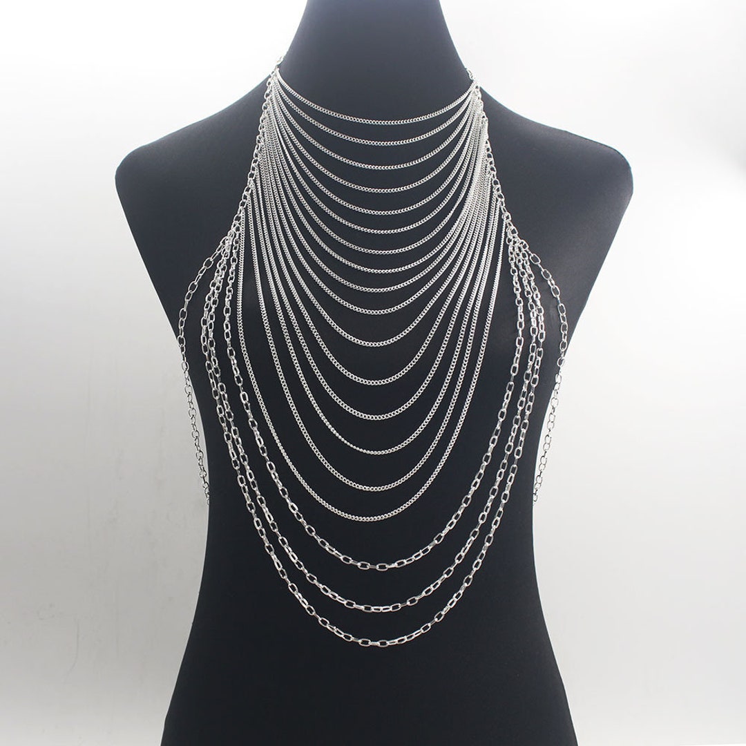 Silver Metal Multilayer Chain, Multilayer Necklace, Tassel Harness ...