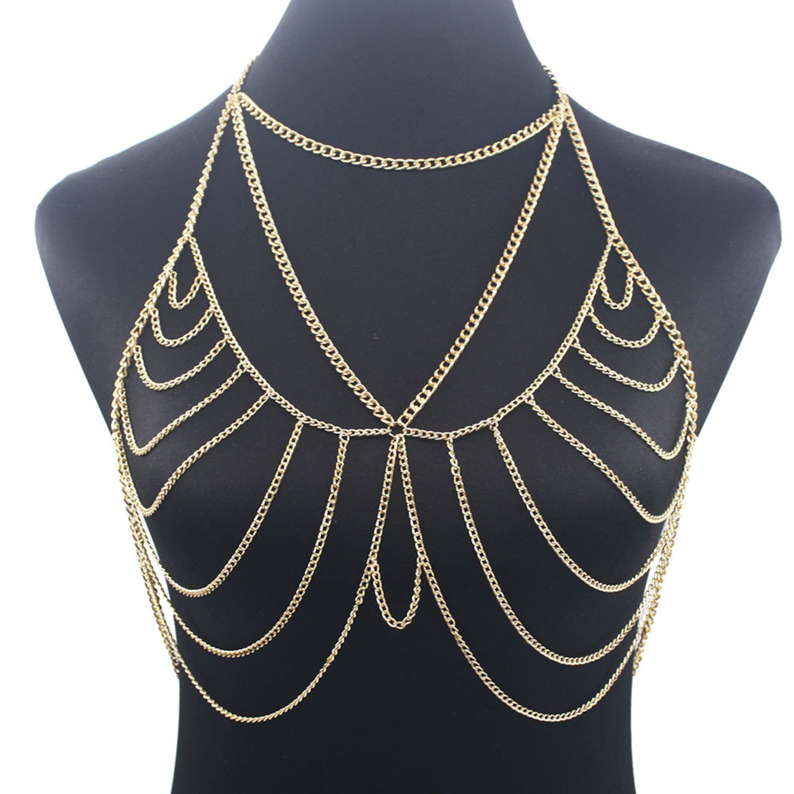 Gold sexy chest body chain body jewelry layered necklace | Etsy