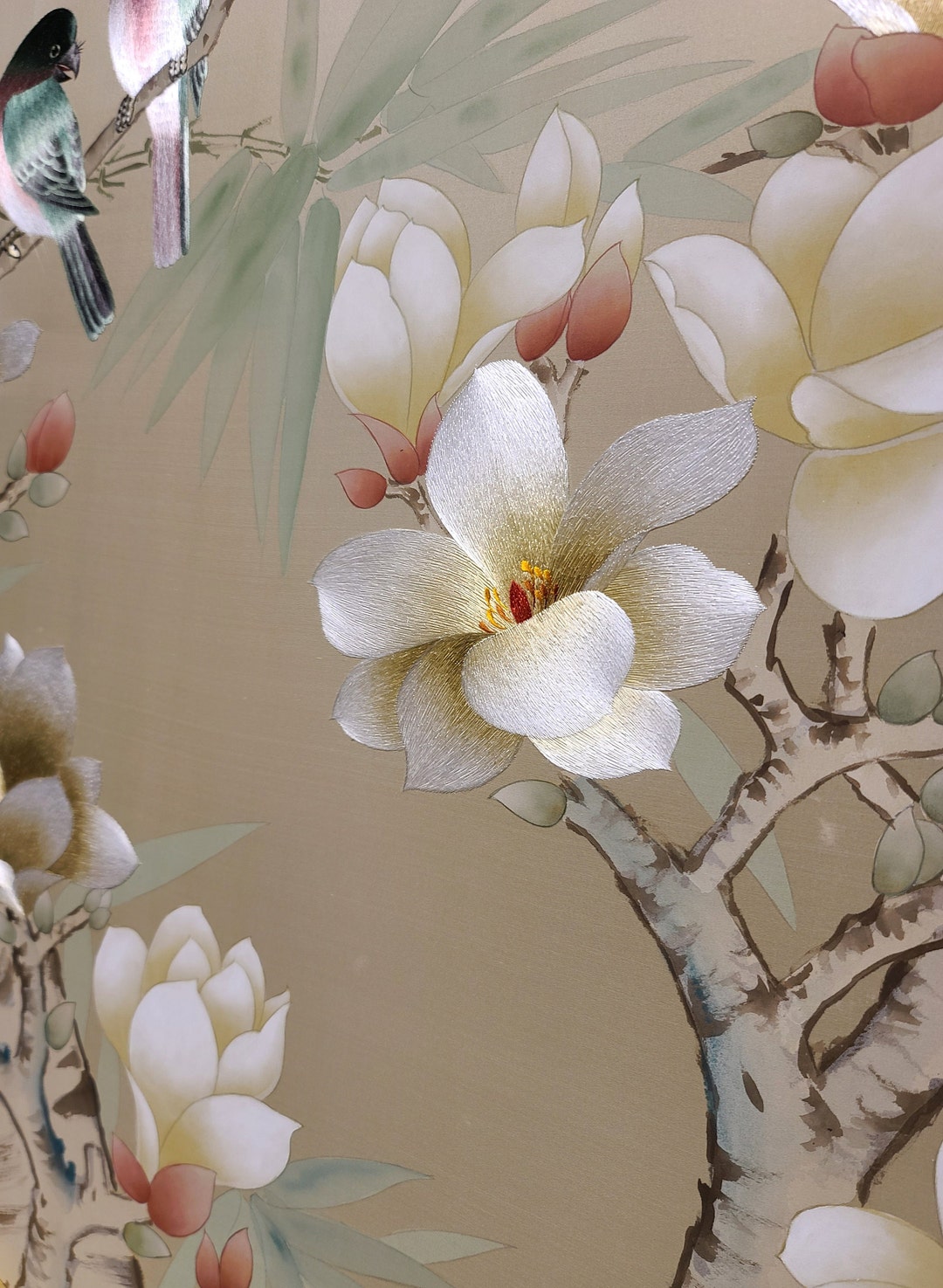 Embroidery Magnolia Wall Artwork, Hand-painted Chinoiserie Wallpaper ...
