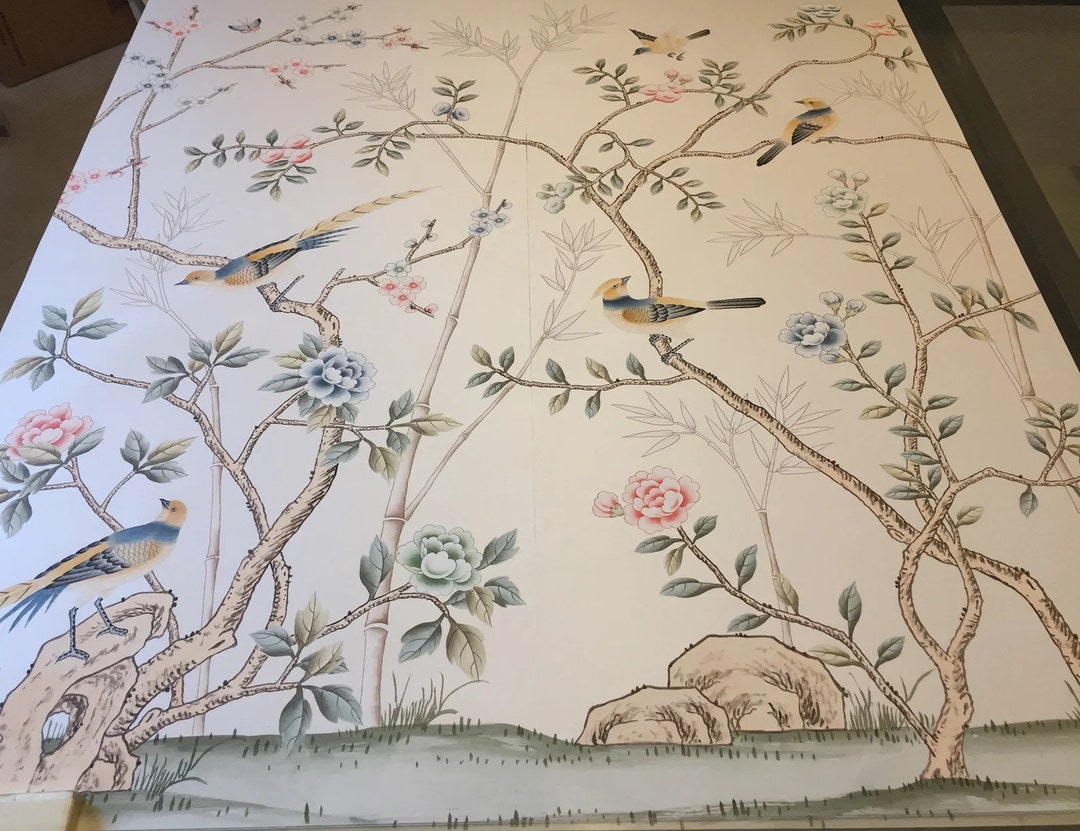 Hand-painted Chinoiserie Silk Wallpaper , Bleach White Silk - Etsy