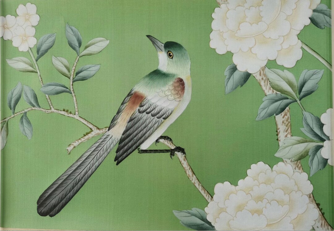 12" 814", Silk Wallpaper Sample, Hand-painted Chinoiserie Silk ...