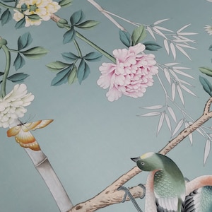 36" *96". Hand-painted Silk Wallpaper, Chinoiserie Birds and Flowers ...