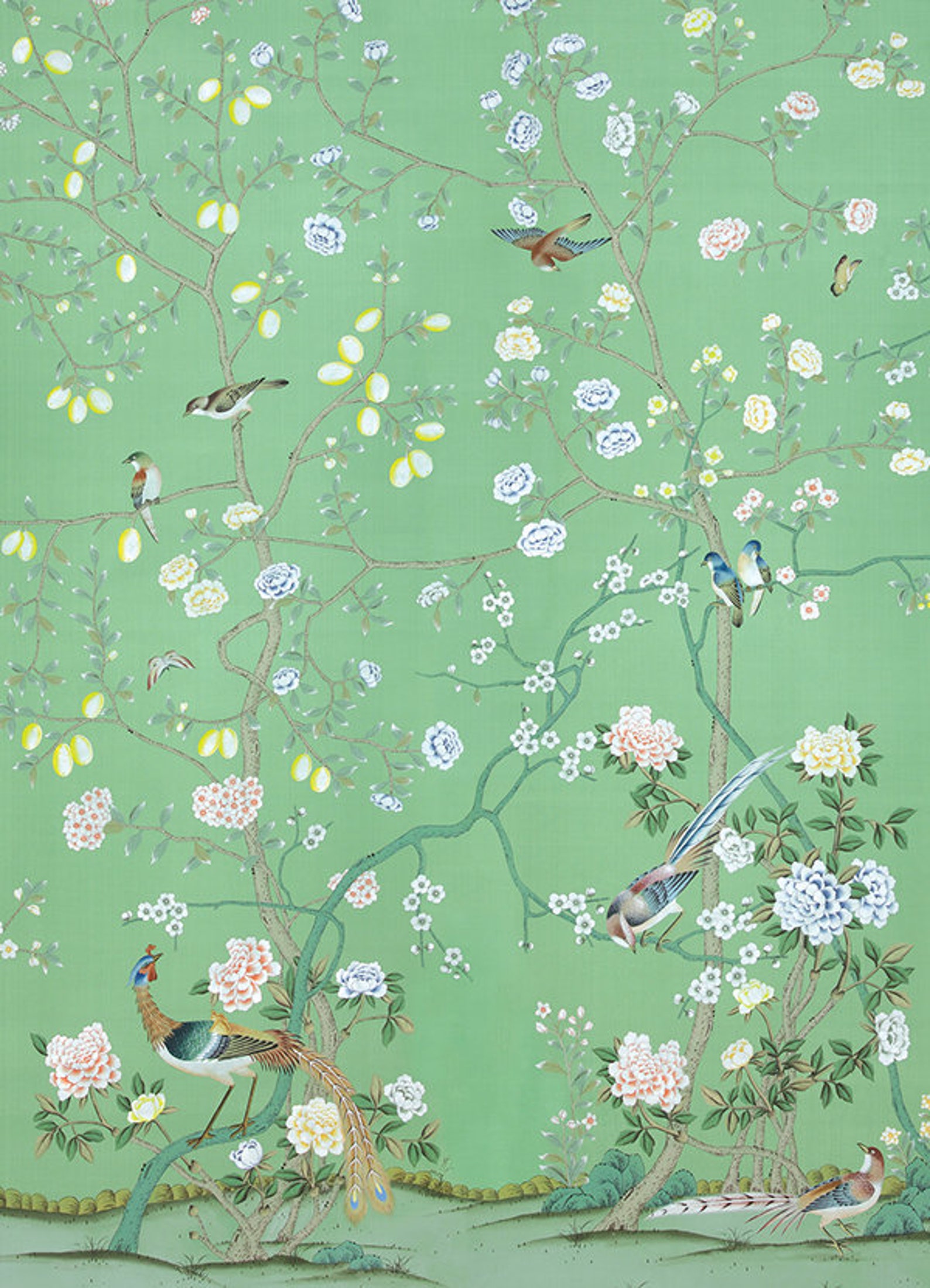 Chinoiserie Birds and Flowers on Emerald Dyed Silk-- Size 36" X 96 ...