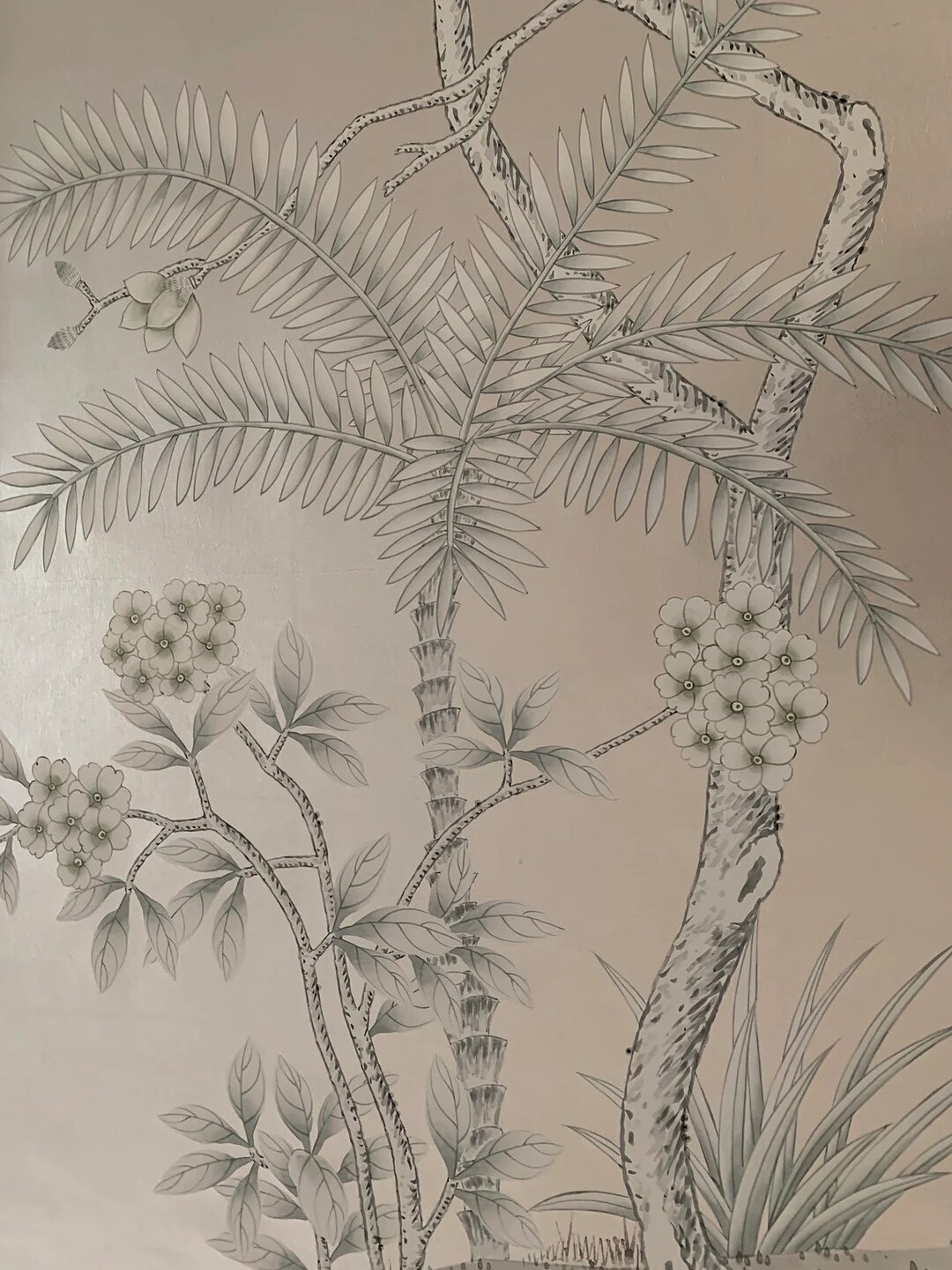 Handpainted Chinoiserie Wallpaper, Mono Gray Birds and Flowers on ...