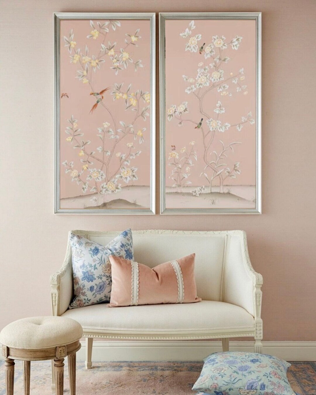 W24 h48, Pink, Romantic Pink, Hand-painted Pink Chinoiserie Silk Panels ...