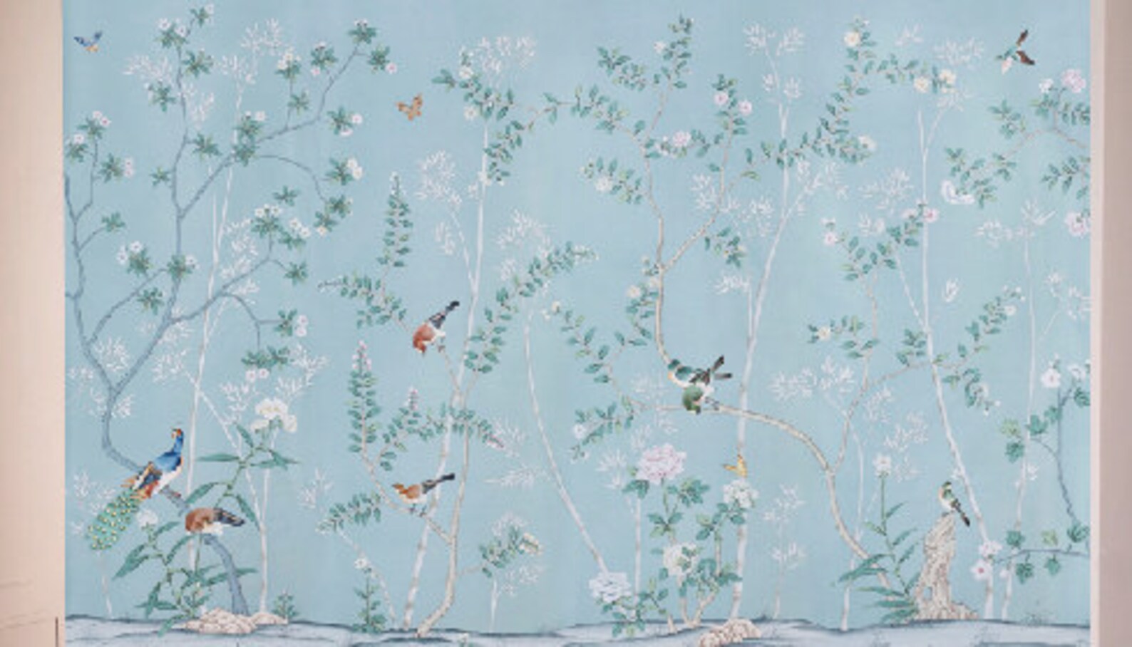 36" *96". Hand-painted Silk Wallpaper, Chinoiserie Birds and Flowers ...