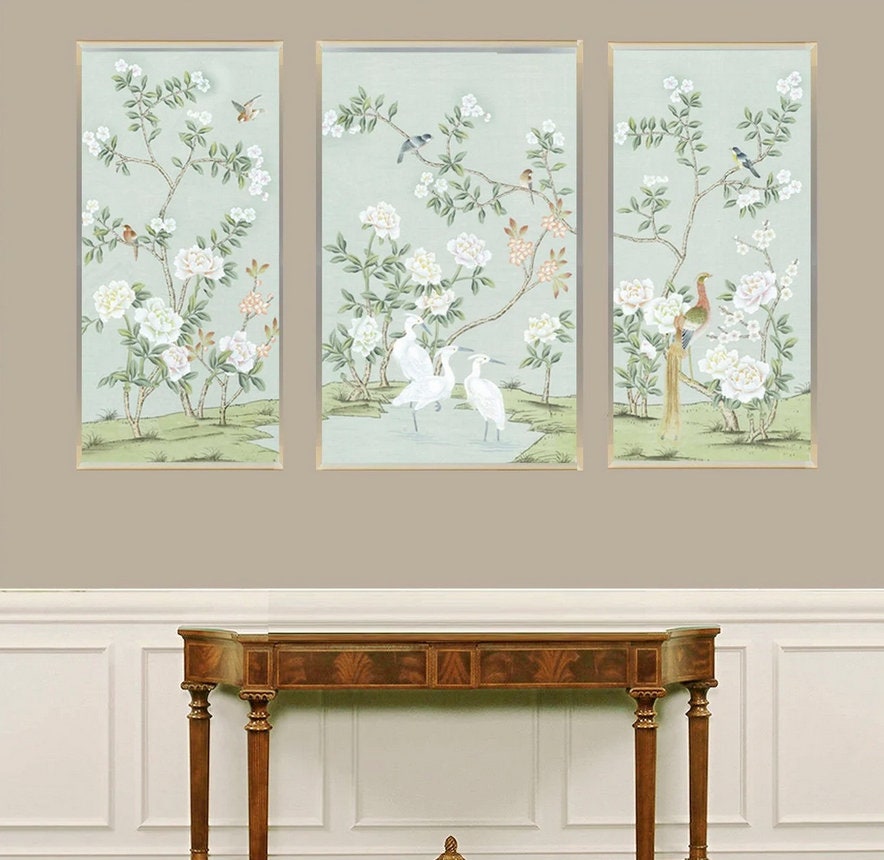 A Set of 3 Panels---unframed Hand-painted Silk Wallpaper---aqua Green ...