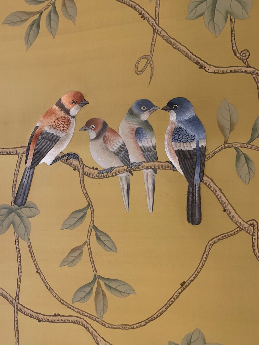 Partial Embroidery Wallpaper, Birds and Vines, Handpainted Silk ...