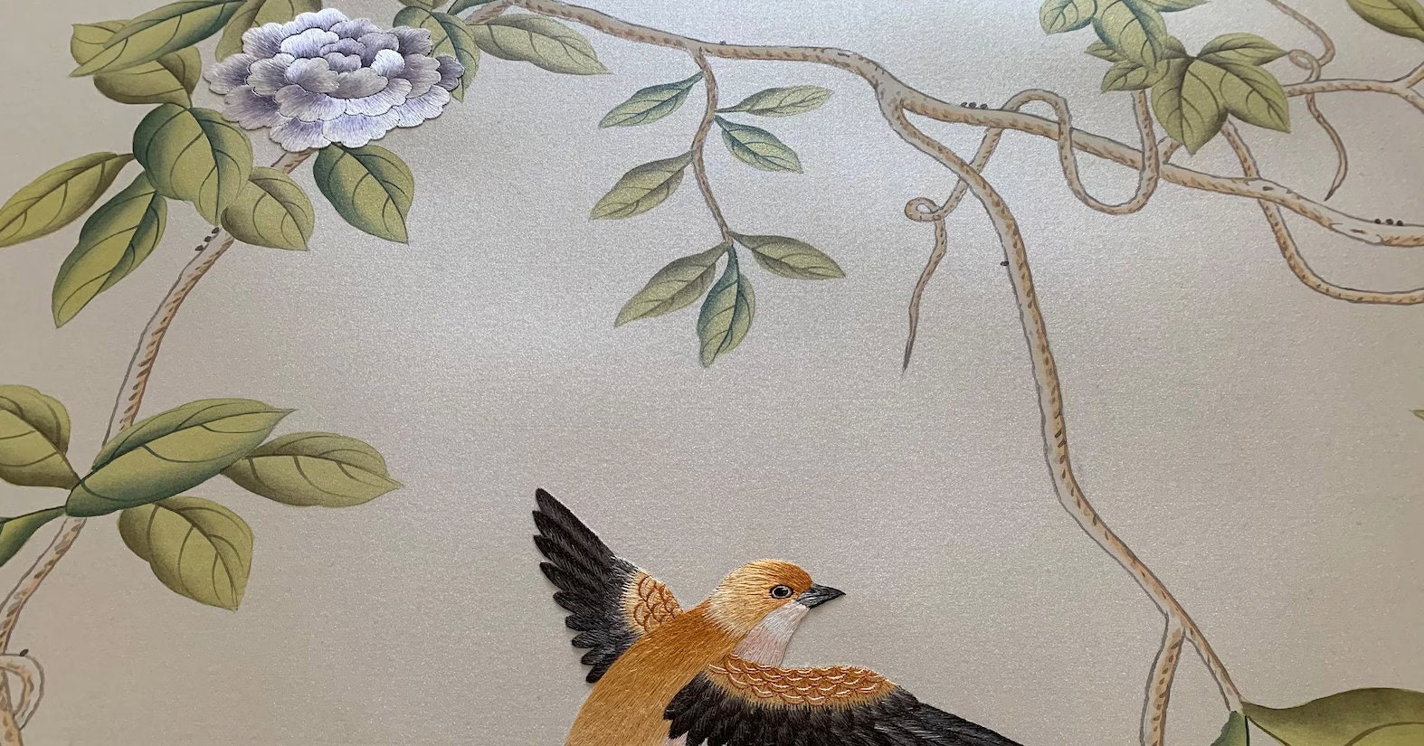 Partial Embroidery Wallpaper Birds and Vines on Beige 120 - Etsy