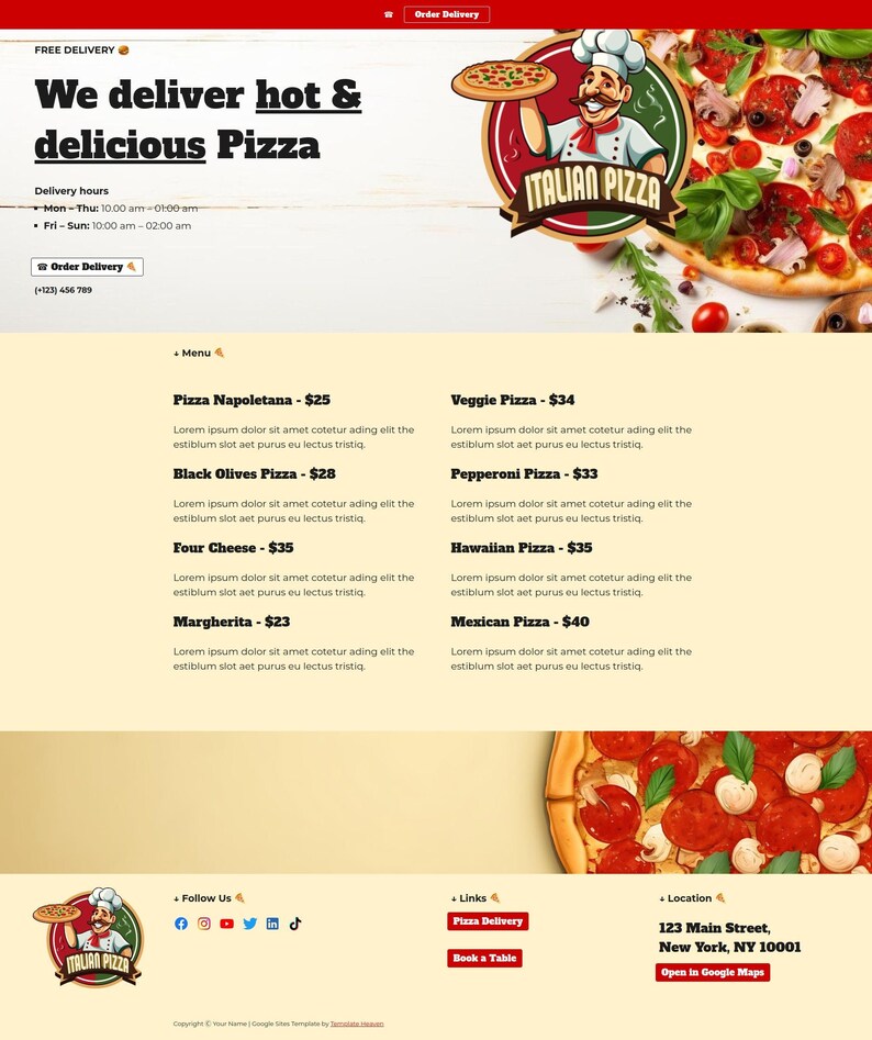 Pizza Menu Google Sites Template for Restaurants and Fast Food Delivery ...