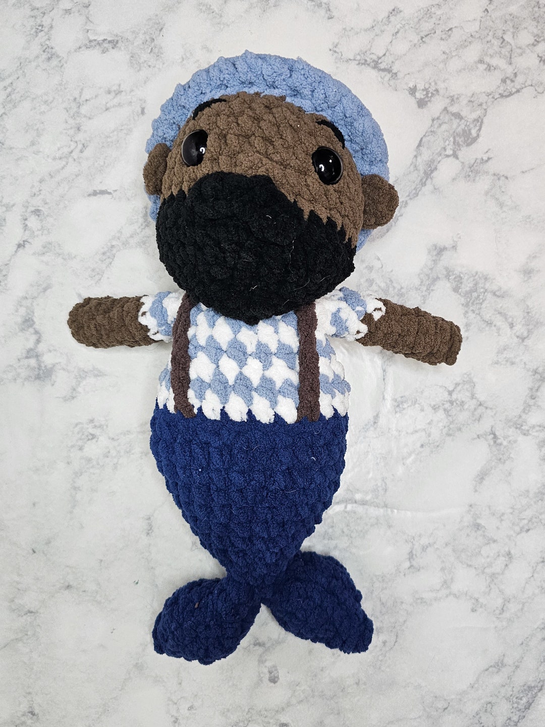 Sailor Merman Crochet Doll Mermaid Plush Toy Black Bearded Merman ...
