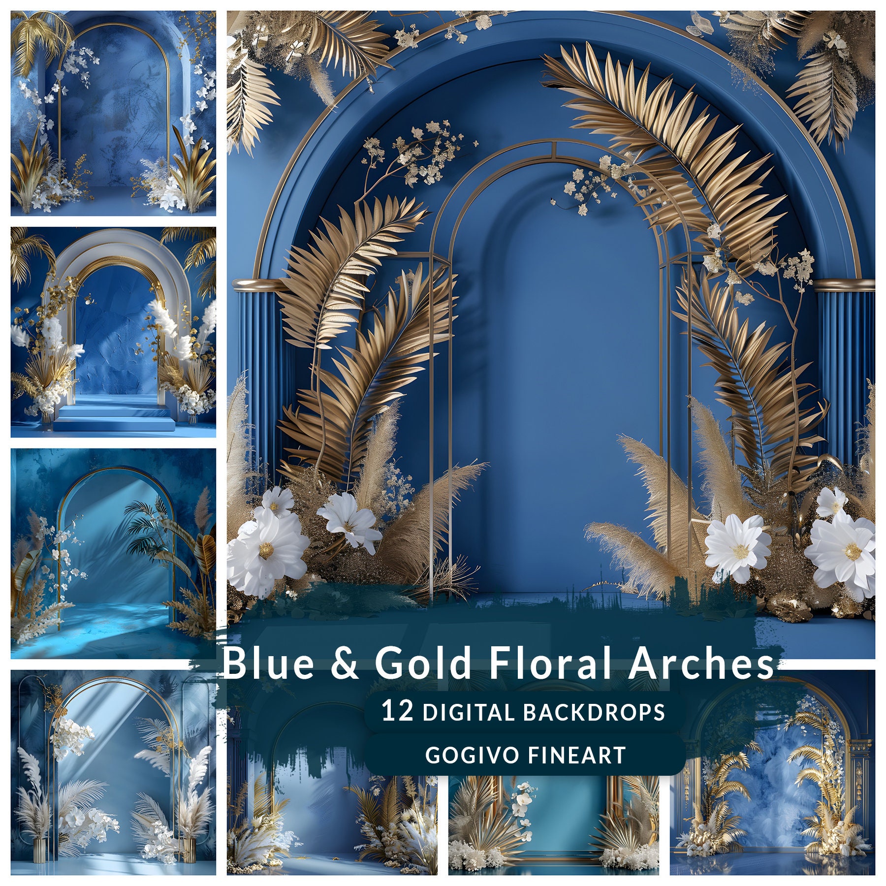 Blue and Gold Floral Arch Backgrounds Digital Backdrop Overlay ...