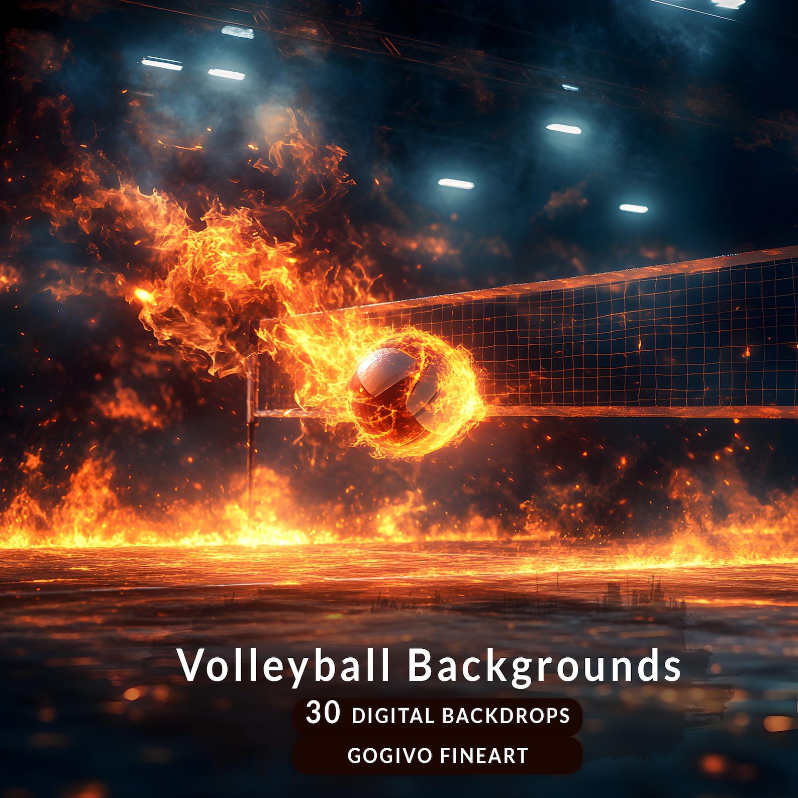 Volleyball Digital Backdrops With Fire Smoke and Fog, Sports Background ...