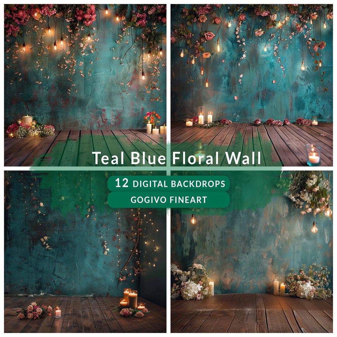 Teal Floral Wall Digital Backdrop Set Maternity Digital Backdrop ...