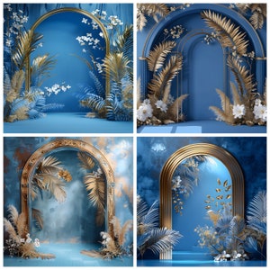 Blue and Gold Floral Arch Backgrounds Digital Backdrop Overlay ...