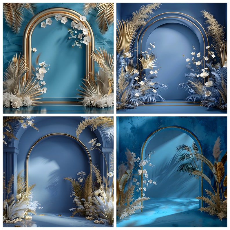 Blue and Gold Floral Arch Backgrounds Digital Backdrop Overlay ...